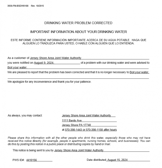 Rescind Boil Water Advisory – Jersey Shore Area Joint Water Authority