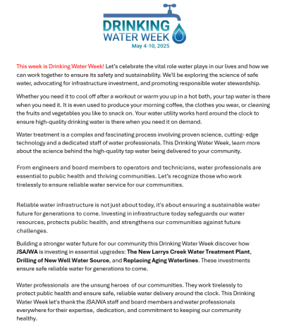 Drinking Water Week – Jersey Shore Area Joint Water Authority